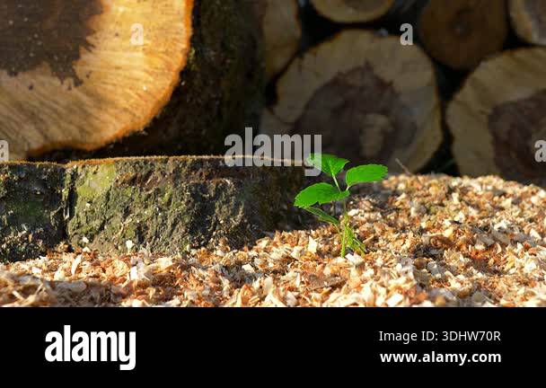 A small green plant grows from a bed of sawdust next to a tree stump ...