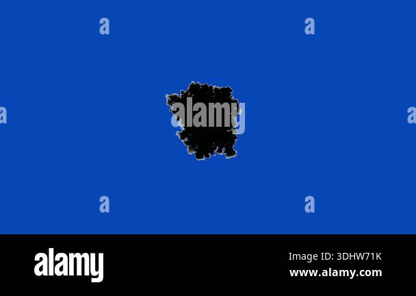 A dark, irregular silhouette floats against a bright blue backdrop. The ...