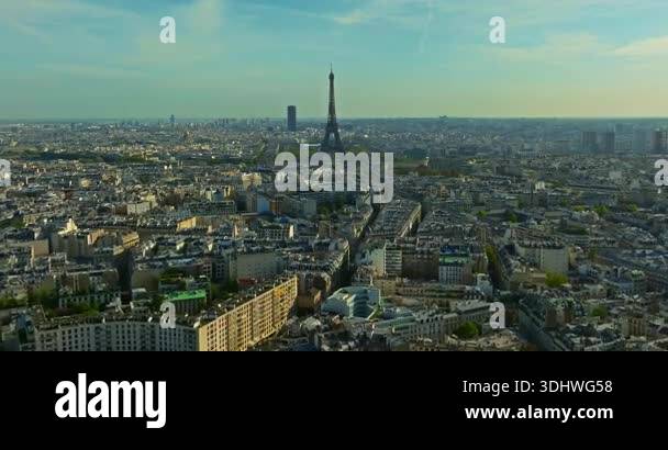 Aerial panning view of the historic center of Paris with the Eiffel ...