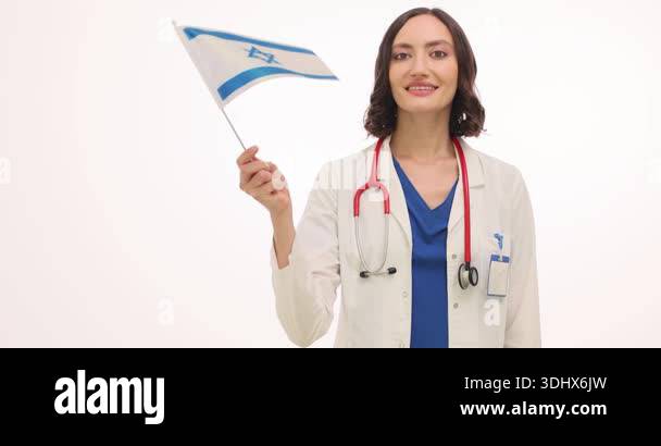 Woman doctor in white coat holds Israel flag smiling. Medical worker ...