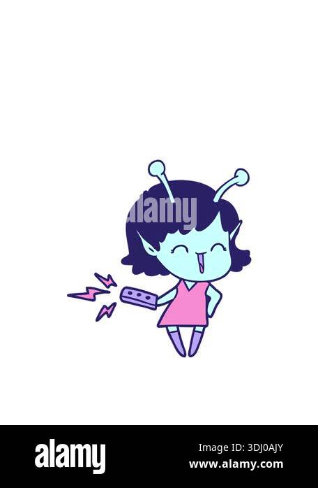 jumping motion animation of cartoon alien girl laughing with remote ...
