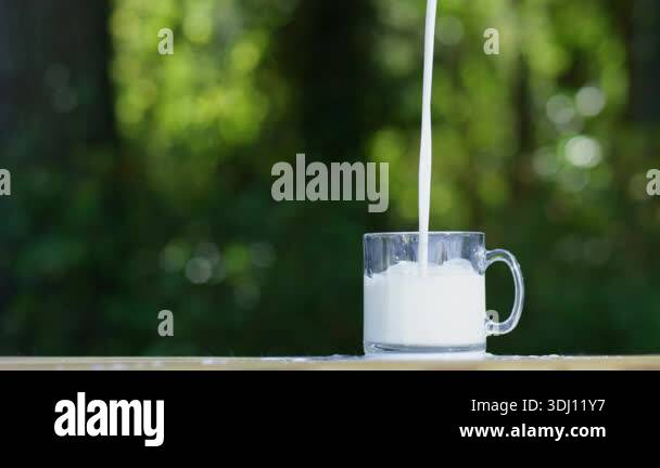 Milk stream filling glass slowly. Creamy splash of fresh dairy drink ...