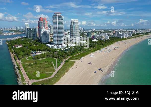Miami shoreline along South Point. Miami drone view with skyscrapers ...