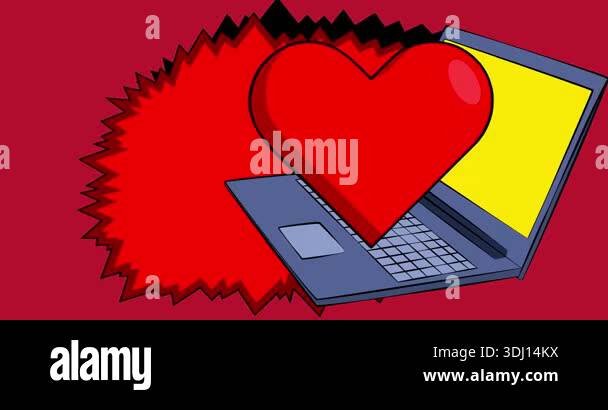 Cartoon Laptop, comic book Notebook with Red Heart. Retro cartoon ...