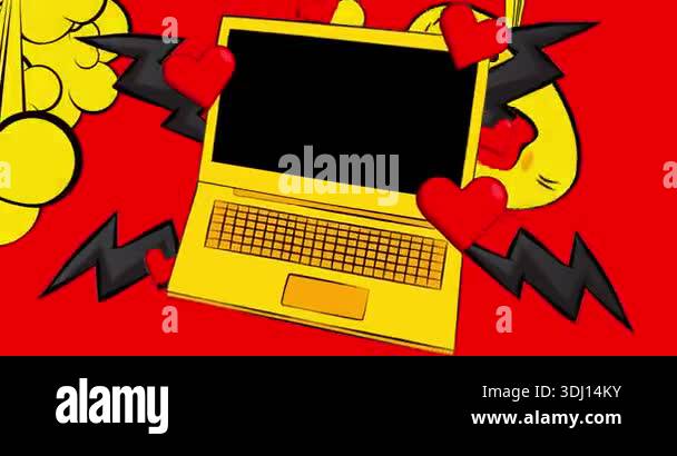 Cartoon Laptop, comic book Notebook with Red Heart. Retro cartoon ...