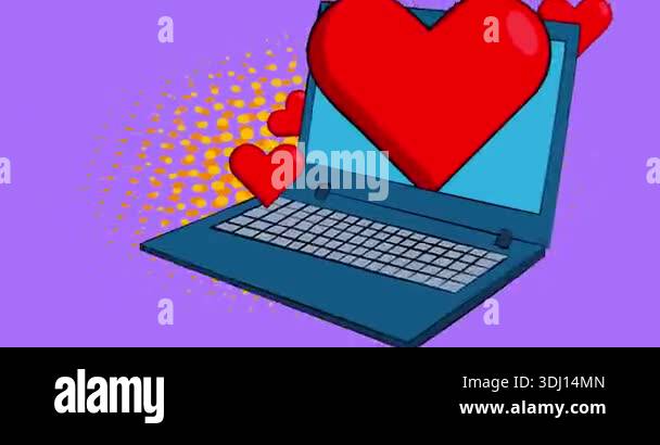 Cartoon Laptop, comic book Notebook with Red Heart. Retro cartoon ...