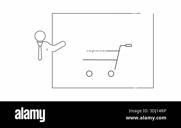 A simple line drawing of a person presenting a shopping cart with a ...
