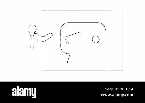 A single line drawing animation of a presenter discussing a broken key ...