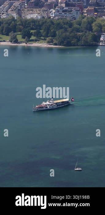 High angle view of a vintage paddle steamer ferry sailing across the ...