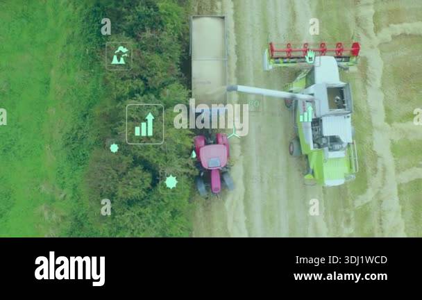 Rotating header starting combine and tractor harvesting unloading grain ...