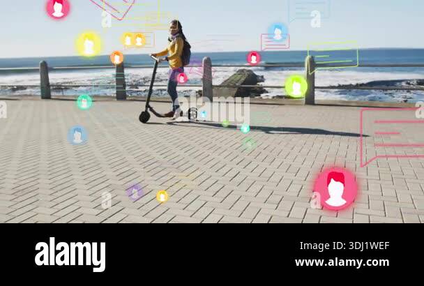 Woman scooting along seaside promenade activating swirling social media ...