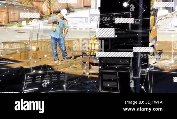 Construction worker pressing shovel into soil initiating trench digging ...