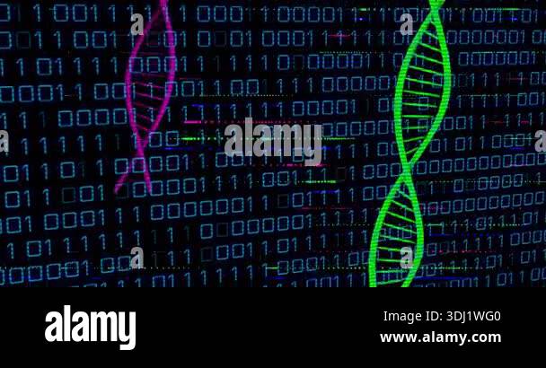Glitch forcing pink and green DNA helices spinning inward over binary ...