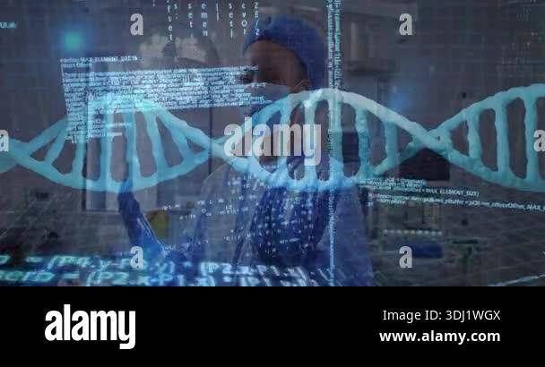 Female scientist raising test tube in biology lab analyzing sample with ...