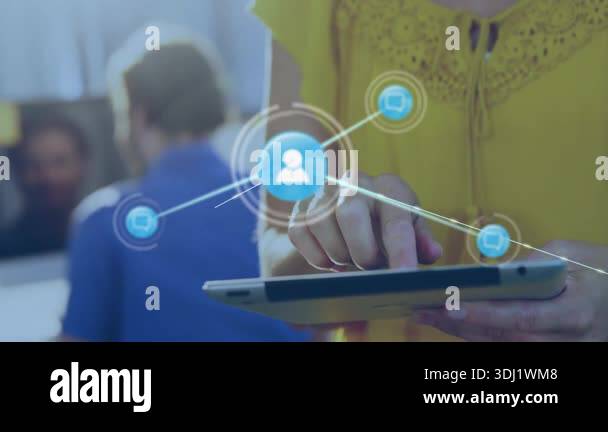 Woman tapping tablet, making glowing icon radiating connections showing ...