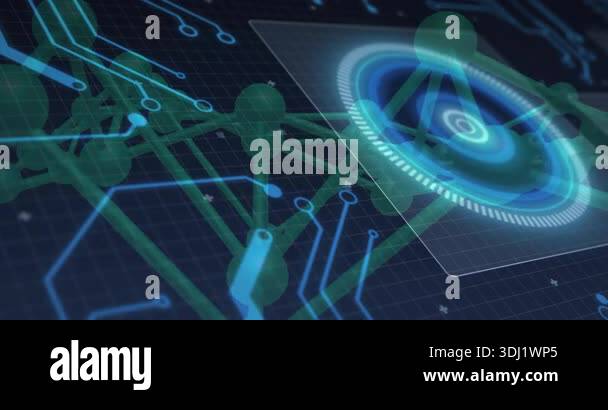 Blue HUD fading above green network rotating rings cyan lines emanating ...