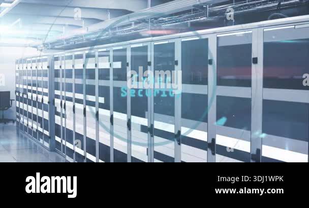 Fading Cyber Security text starting server corridor rotating rings ...