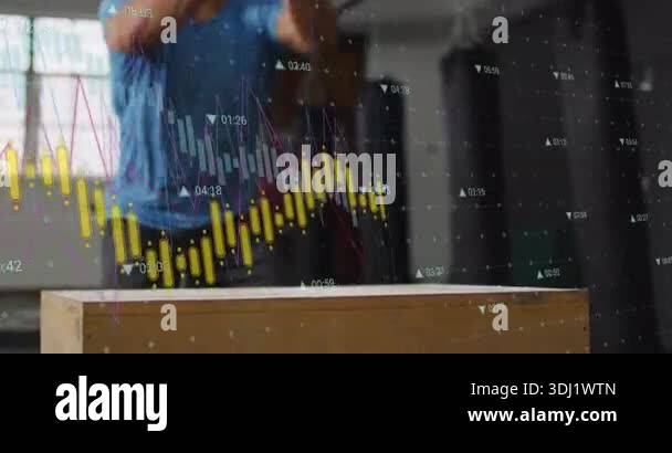 Man entering, jumping onto plyo box with animated candlestick charts ...