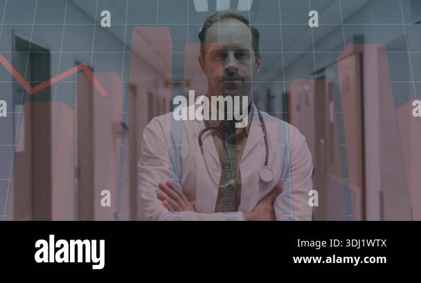Medical grid overlay appearing behind doctor in corridor, animating red ...