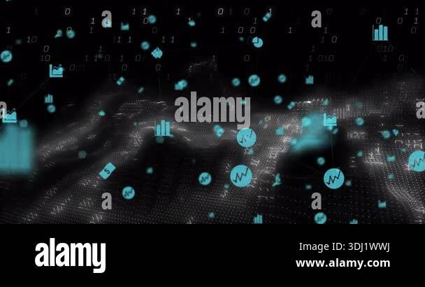 Pitch-black void fading into code wave, cyan icons drifting and ...