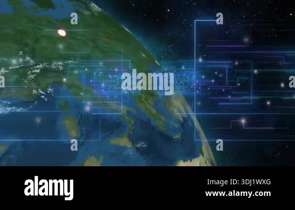 Glowing orange node activating rotating globe sending arcs visualizing ...