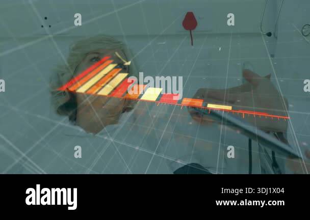 Doctor sliding tablet over patient, animating grid and bar chart as ...