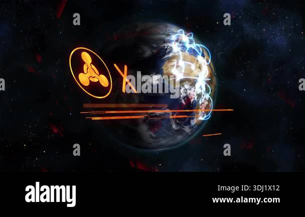 Orange logo appearing and causing Earth globe emitting blue arcs ...