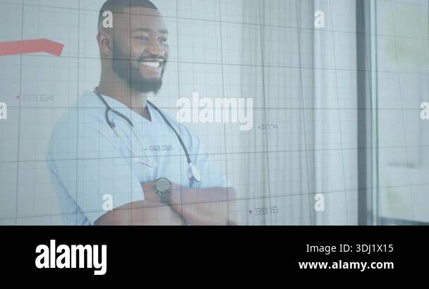 Physician arms crossed monitoring animated red graph entering left ...