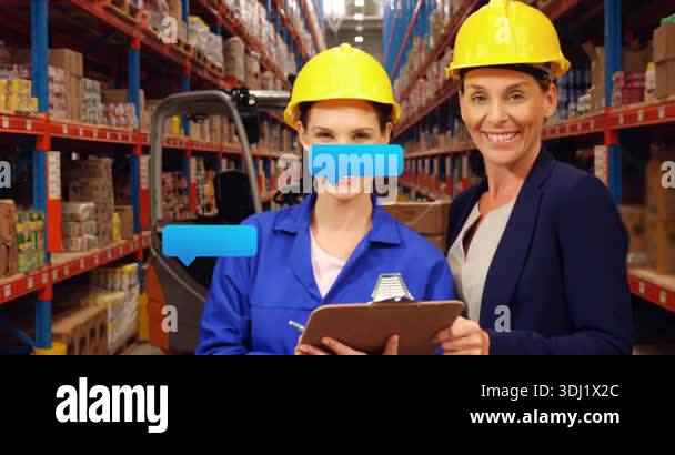 warehouse colleagues holding clipboard, focus initiating floating chat ...