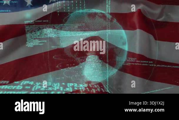 Upon start turquoise globe rotating over waving American flag with ...