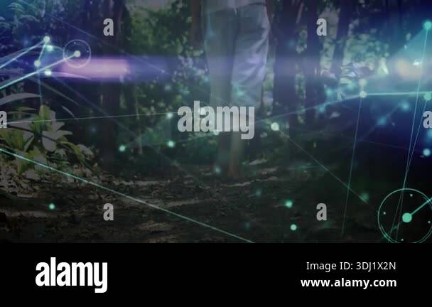 Woman stepping onto forest trail and activating glowing tech nodes and ...