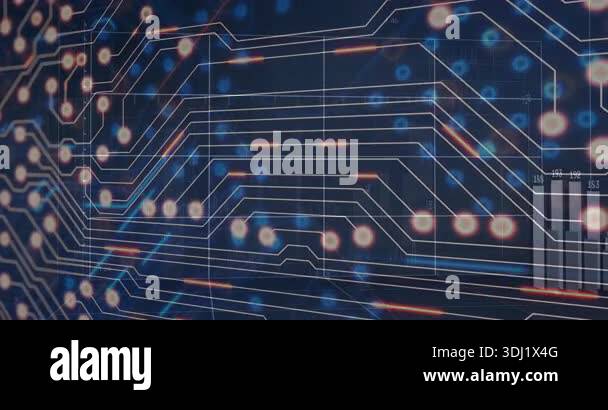 Circuit grid appearing initiating particles drifting, nodes pulsing ...