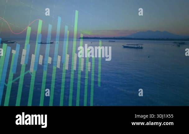 Opening dusk sea view initiating 3D bar chart forming over sea bars ...