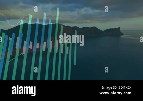 Aerial view showing calm twilight ocean and island before bars rising ...