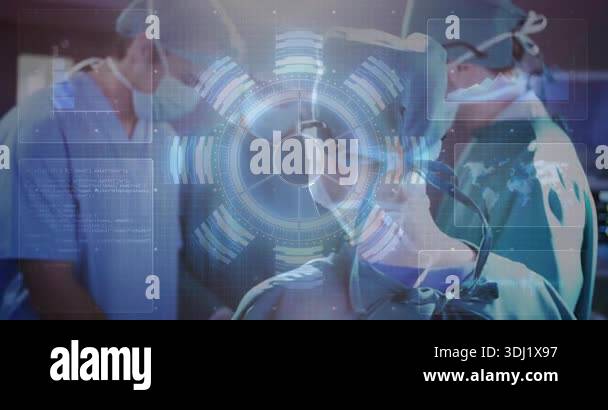 Surgical team adjusting console and guiding incision with rotating HUD ...