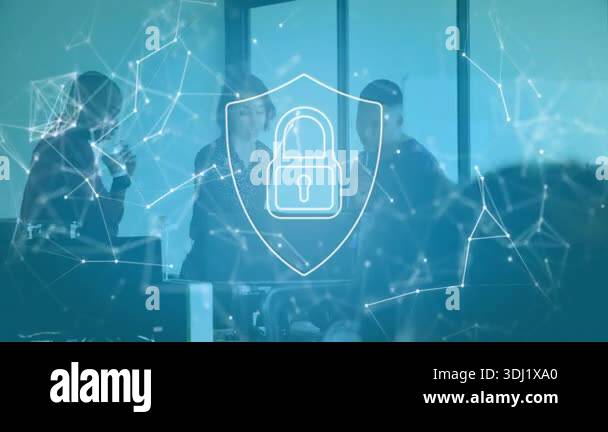 Shield icon appearing guiding colleagues sipping coffee pointing screen ...