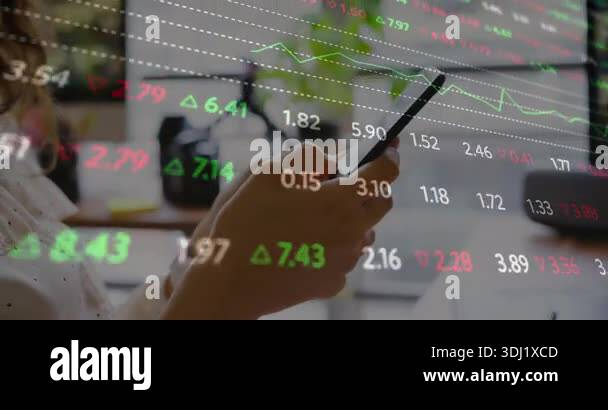Woman picking up smartphone in office, scrolling stock tickers and ...