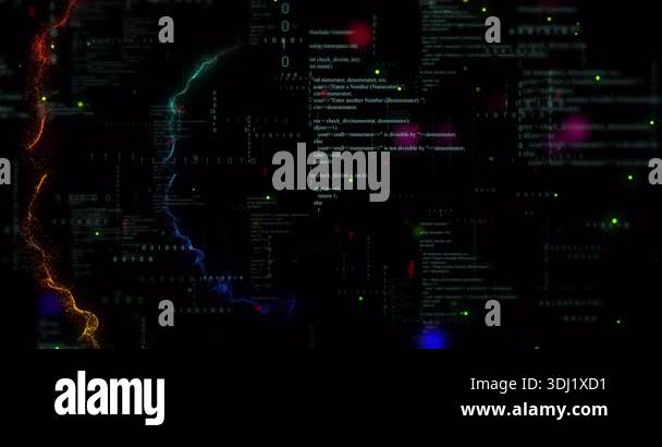 Neon-blue arc tracing jagged path around code then pulsing colored arcs ...