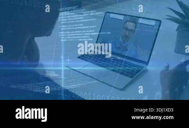 Opening laptop starting call, woman raising hand, navigating graphs ...