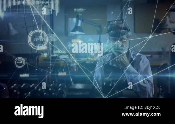 Senior tech scanning AR interface and swiping smartphone generating ...