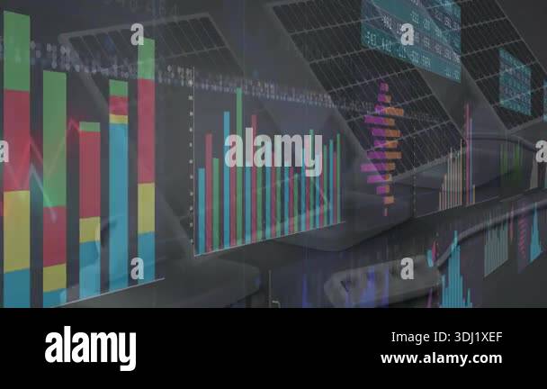 Office desk view starting holographic charts emerging, bars shifting ...