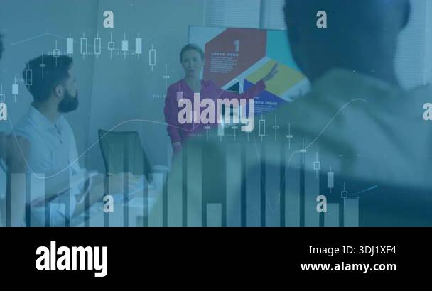 Presenter pointing at business chart on display to explain data while ...