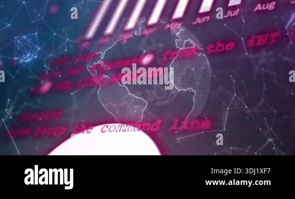 Red code scrolling initiating 3D globe spinning while charts animating ...