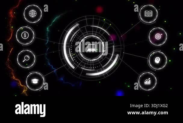 On start HUD laptop icon appearing rings rotating particles pulsing ...