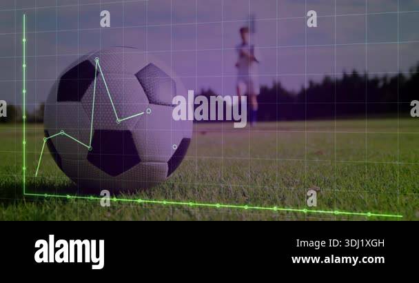 Soccer player jogging past ball as chart emerging over grid overlay ...
