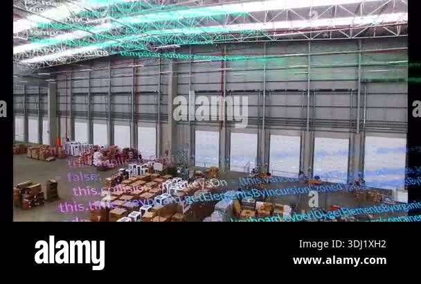 Opening view showing warehouse code overlay camera panning pallets as ...
