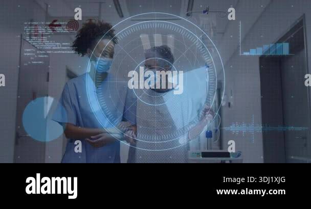 Hospital nurse entering touching patient elbow, initiating vitals ...