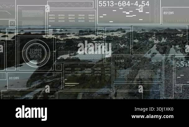 HUD fading over rocky coast, animating numeric readouts and simulating ...