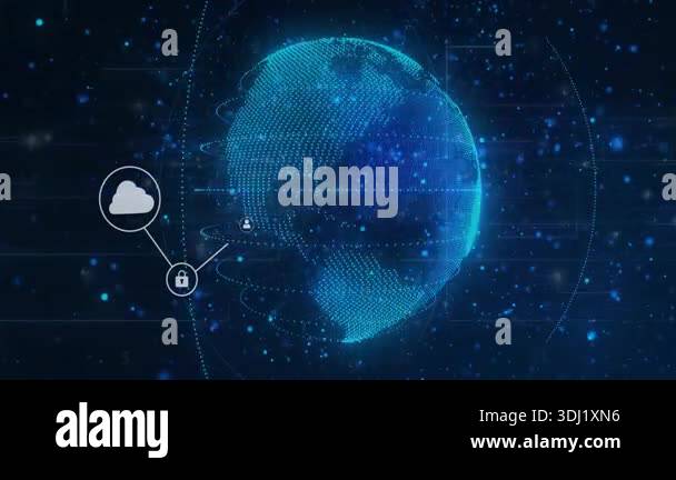 Glowing globe appearing, connecting cloud, padlock, avatar, devices ...