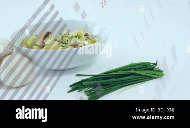 Diagonal gray bars sliding causing infographics over white bowl of ...